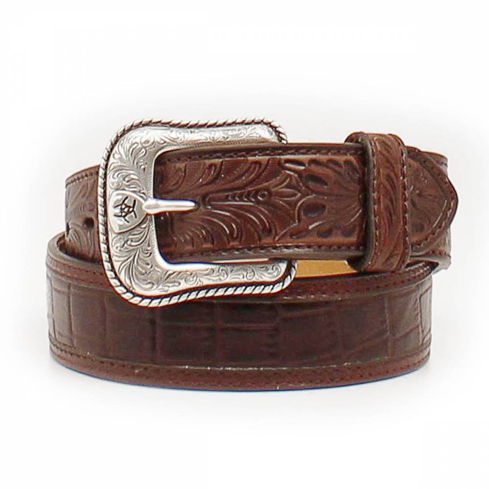 Ariat Mens 1 1/2 Croco Floral Embossed Western Belt And Buckle Ariat Mens 1 1/2 Croco Floral Embossed Western Belt And Buckle